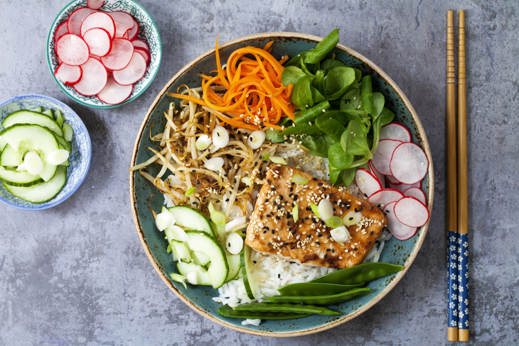 Teriyaki laks med ris og greener. | Arono.no